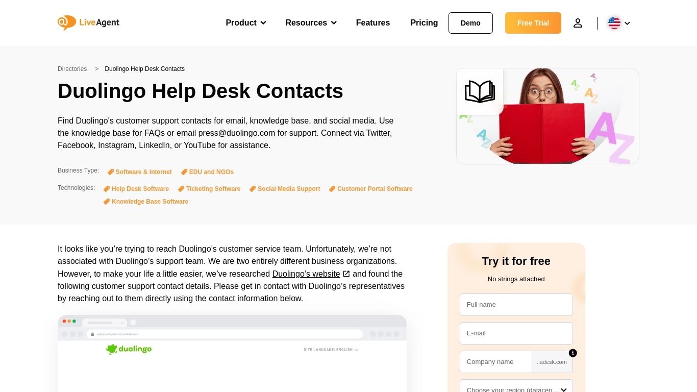 Duolingo Help Desk Contacts - LiveAgent