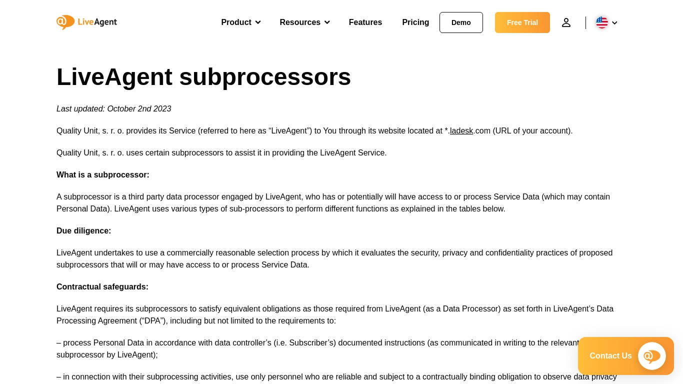 Subprocessors | LiveAgent