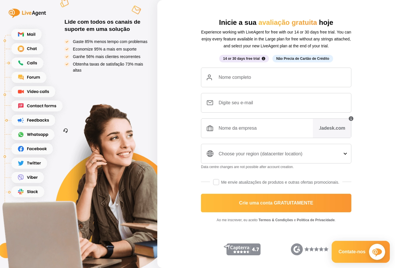 Cadastre-se e Comece um Teste Gratuito de 30 dias | LiveAgent